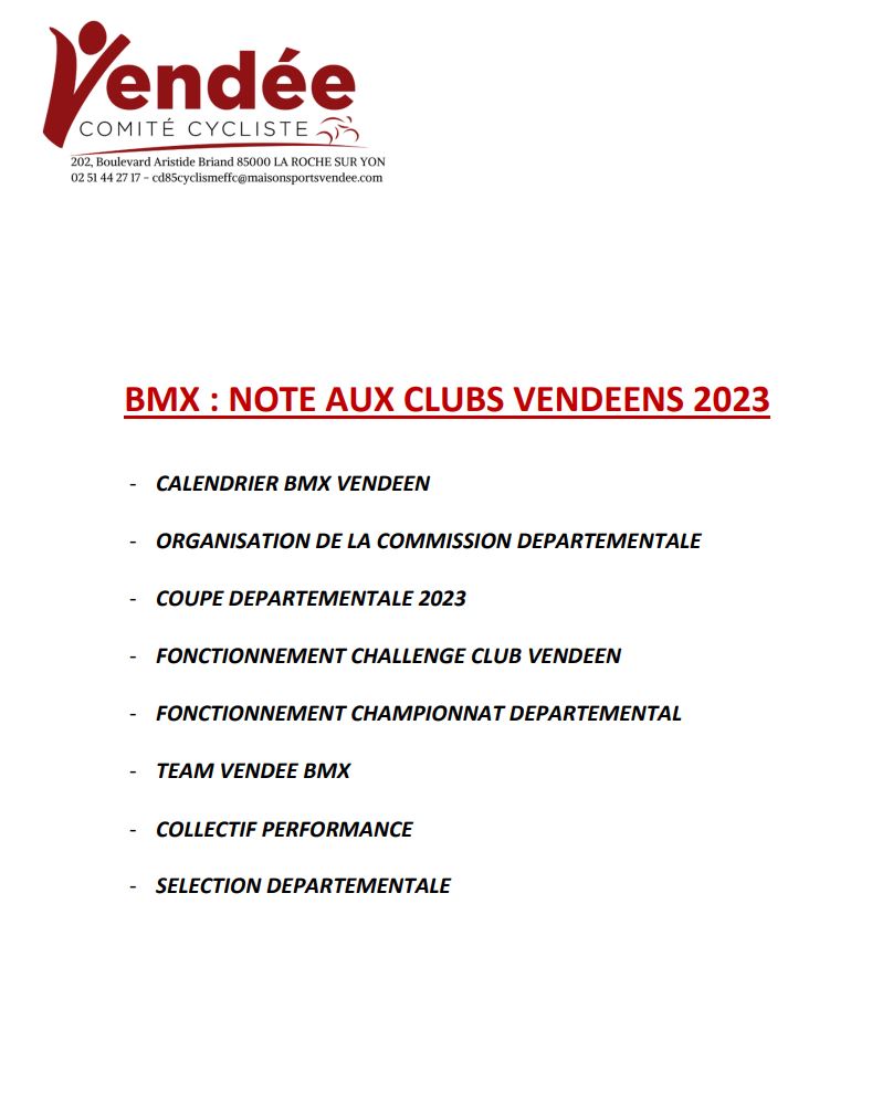 Note aux clubs Vendéens - BMX La Roche Sur Yon
